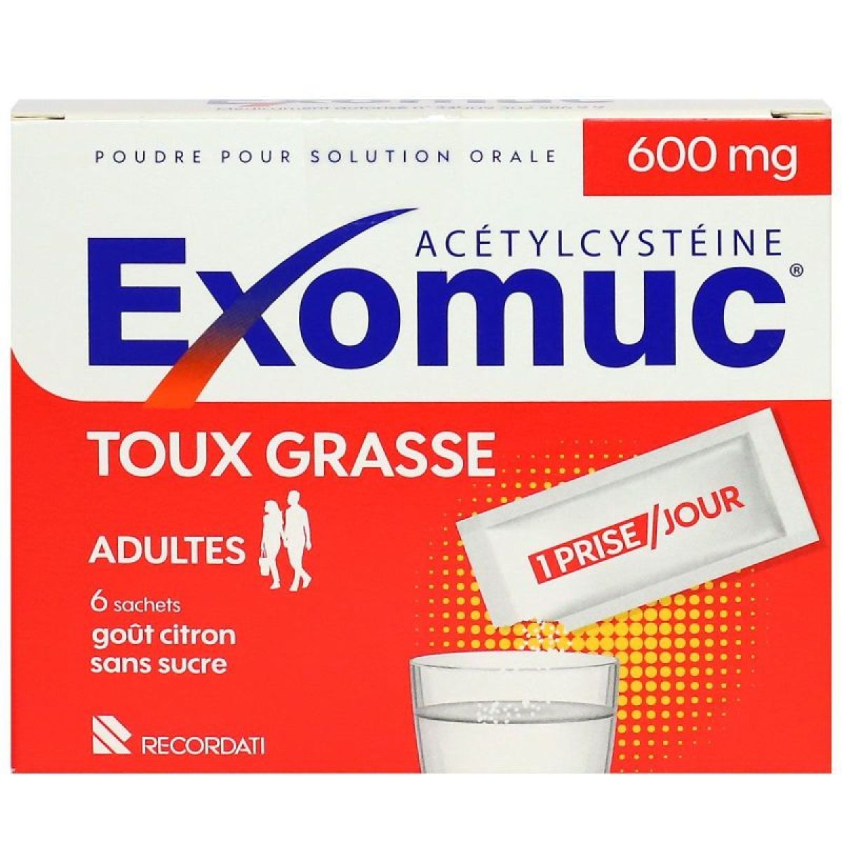 Exomuc Acétylcystéine toux grasse adulte goût citron sans sucre 6 sachets